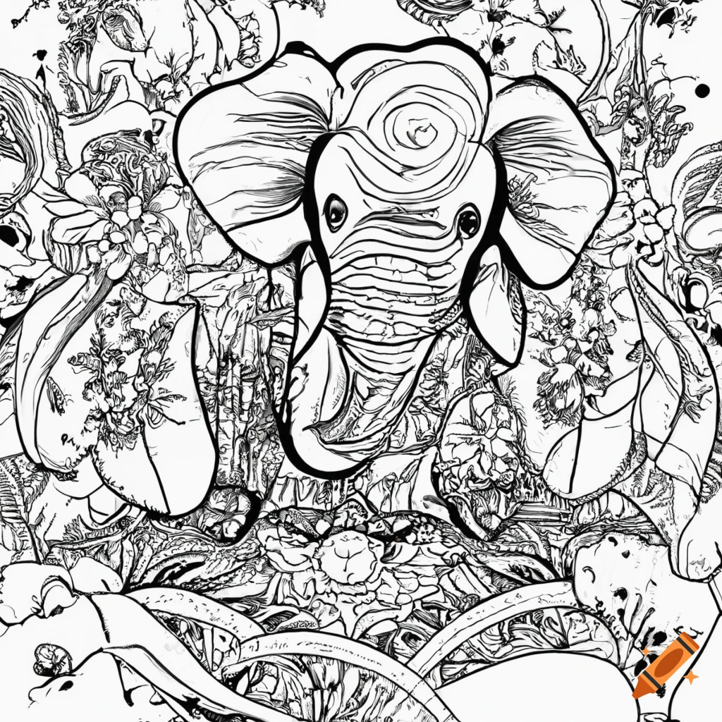 An elephant exploring a hidden cave adorned with vines and flowers with ...