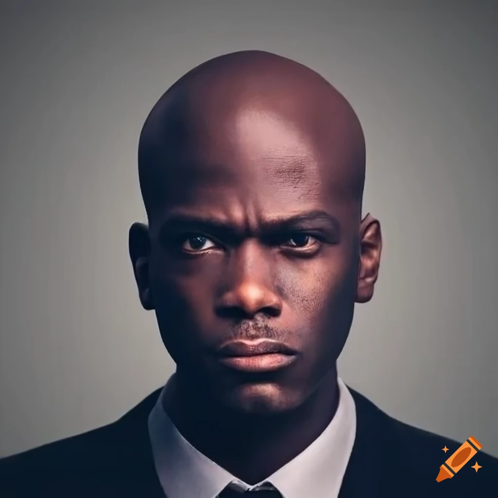 Photo portrait of young confident serious dissatisfied bald black man ...