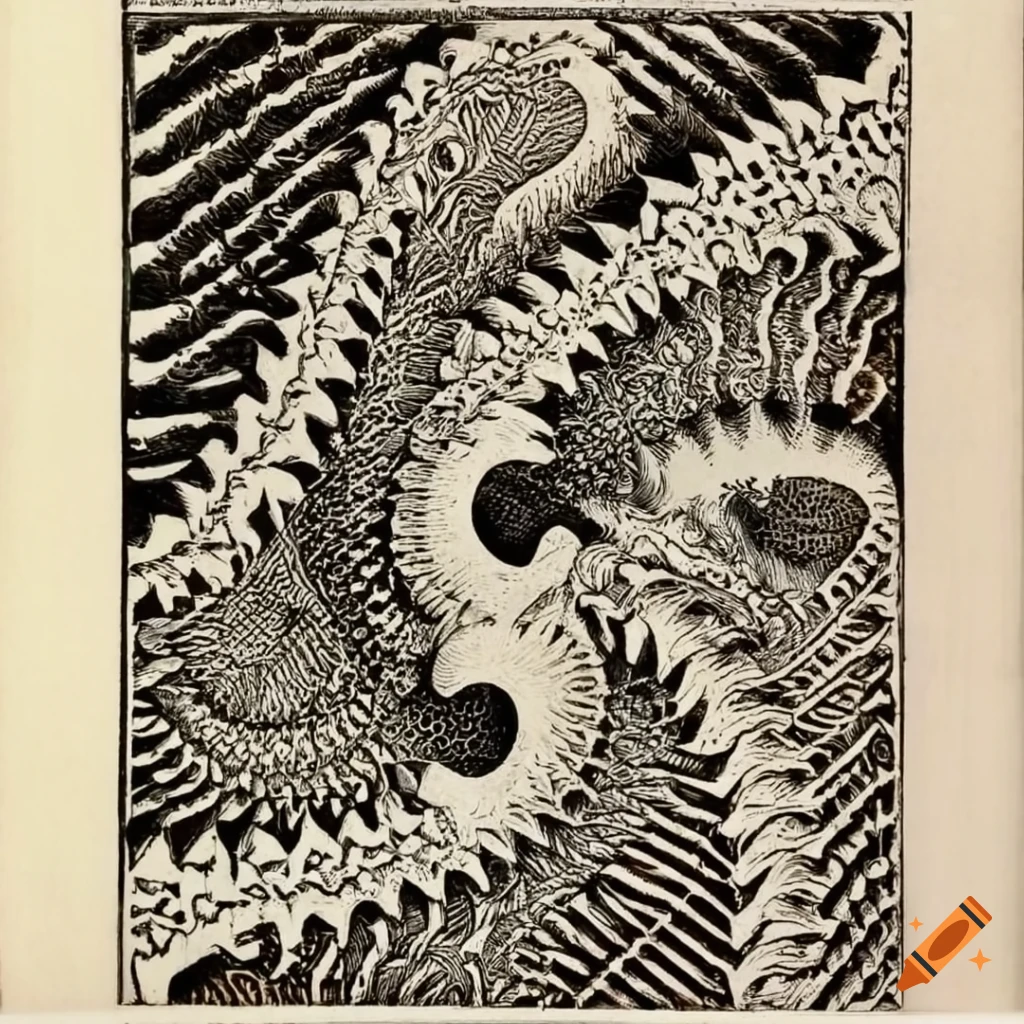 Intricate woodcut art by m. c. escher with stunning textures and details