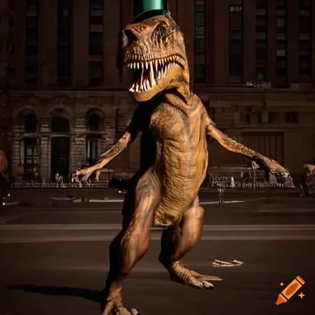 T-rex wearing top hat dancing on new york building