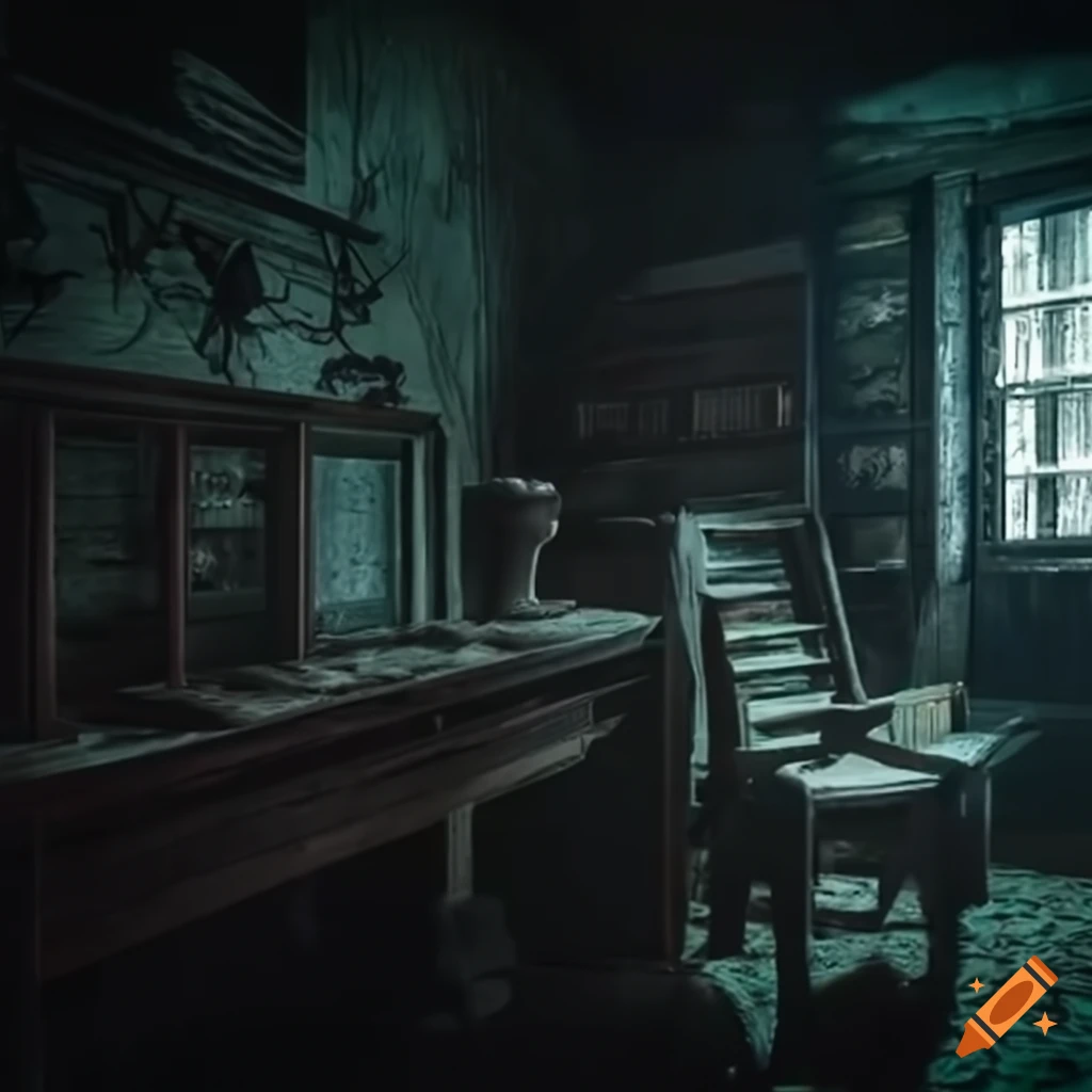 Eerie study room in a psychological horror game