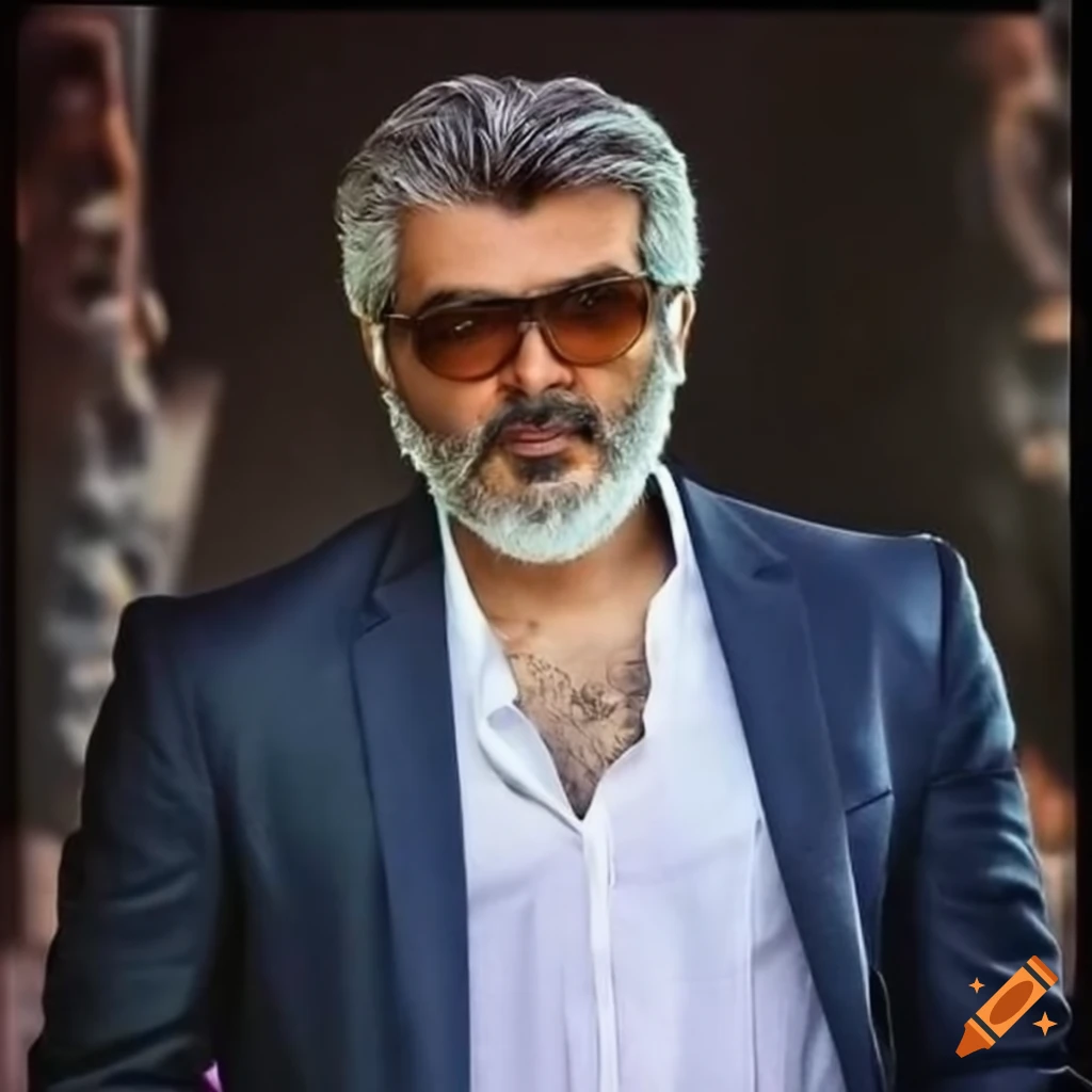 Ajith Kumar looking handsome in a stylish outfit with coolers on Craiyon