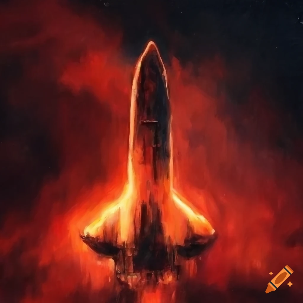 Spaceship in flames, oil painting,space, more red color on Craiyon