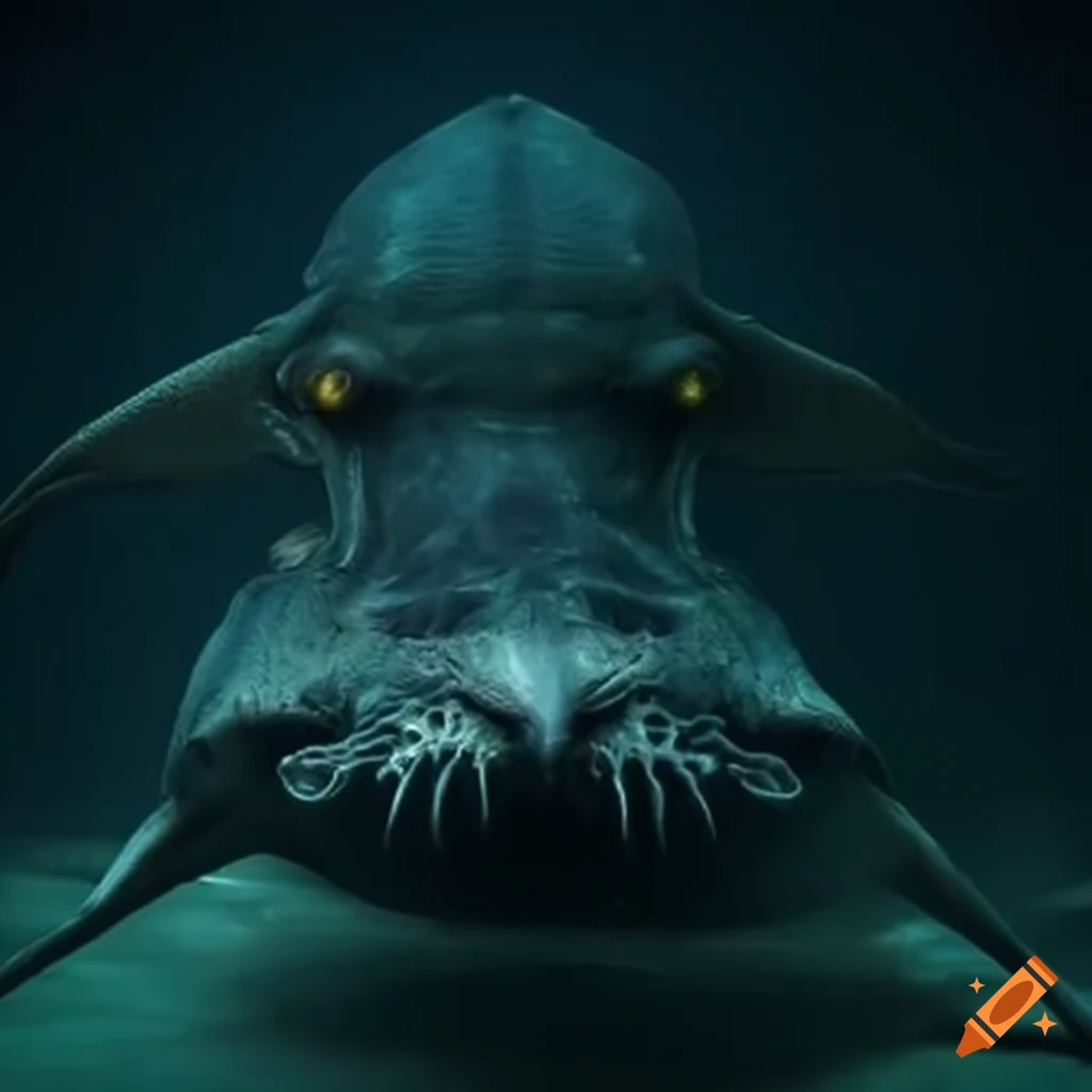 Catfish faced cthulhu monster resting in dark water on Craiyon