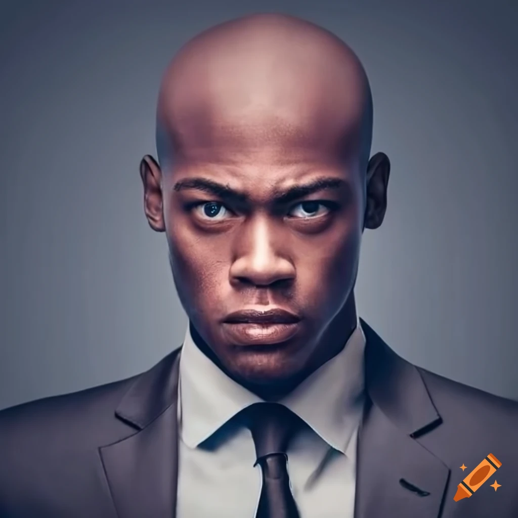 Photo portrait of young confident serious dissatisfied bald black man ...