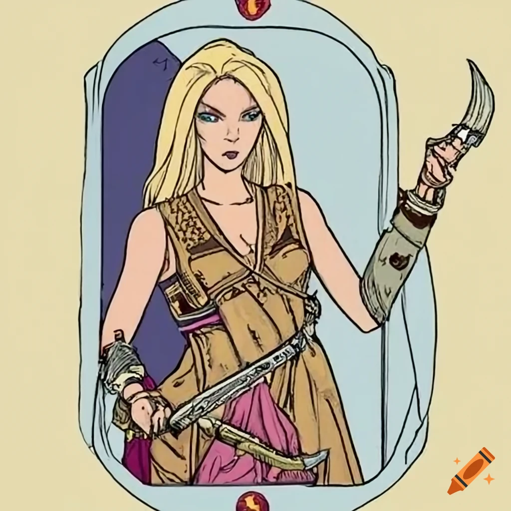 Blond rogue woman with daggers in the style of a tarot card