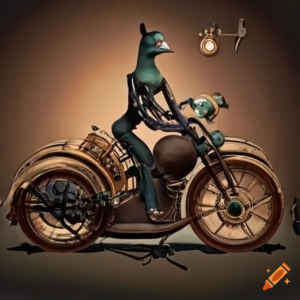 Pigeon riding a cruiser style motorbike in the steampunk style