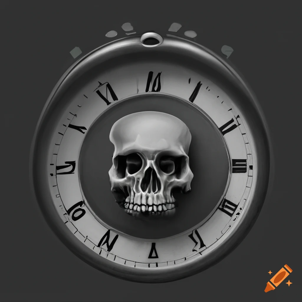 Mysterious skull, alone, white background surrounded by clocks, black and white on Craiyon