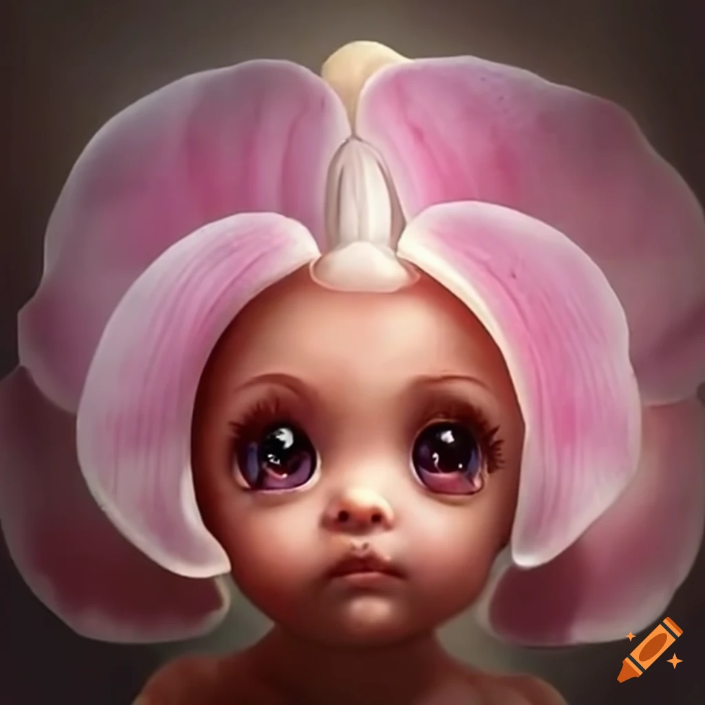 A cute baby growing in the middle of a orchid flower