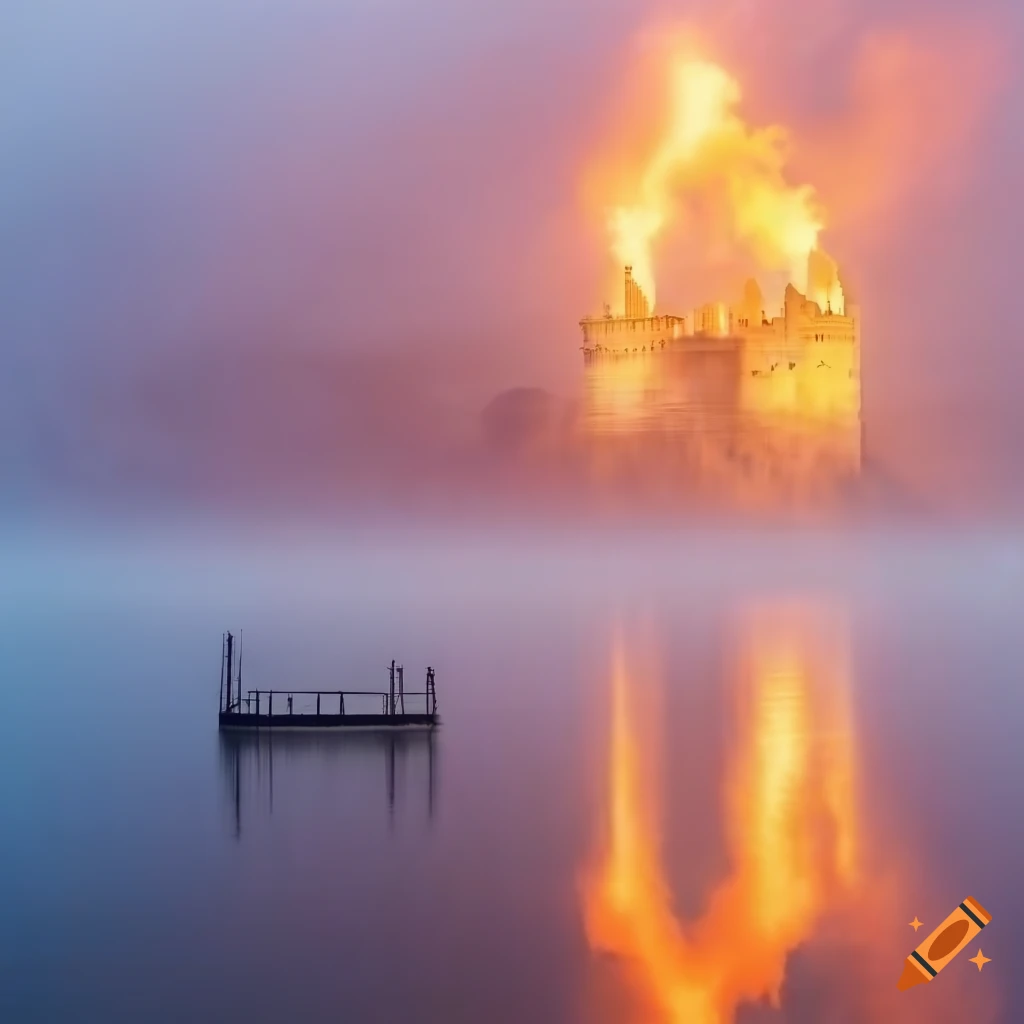 Lake Geneva shoreline, forest fire on opposite shore, hazy smoke on the ...