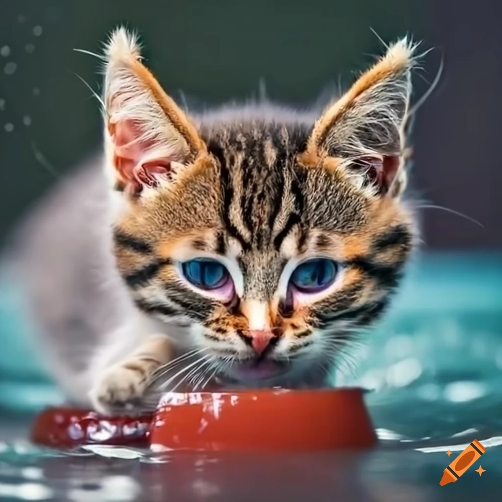 A playful kitten enjoying a swim in a bowl of cat food on Craiyon