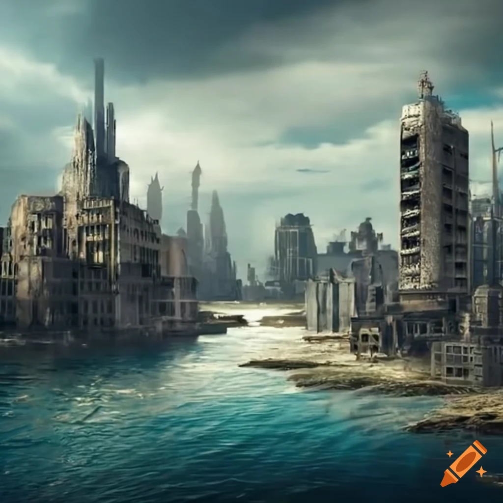 Apocalyptic city with modern and ancient buildings on a island