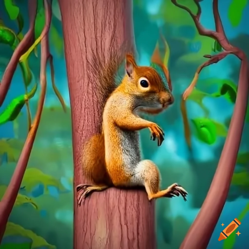 A squirrel jumping from a tree baobab in colored jungle disney on Craiyon