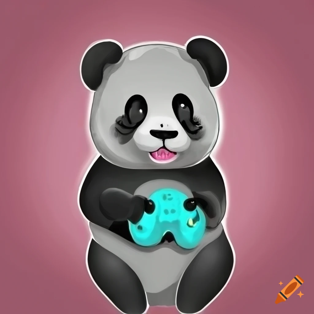 Grey panda bear wearing pink cat headphones with holding a turquoise ...