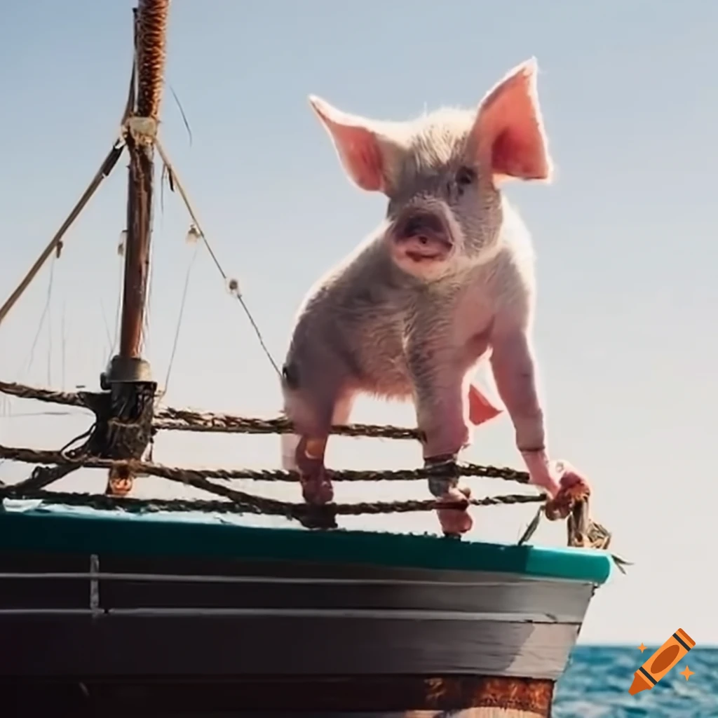 A little pig on a ship on a sunny day