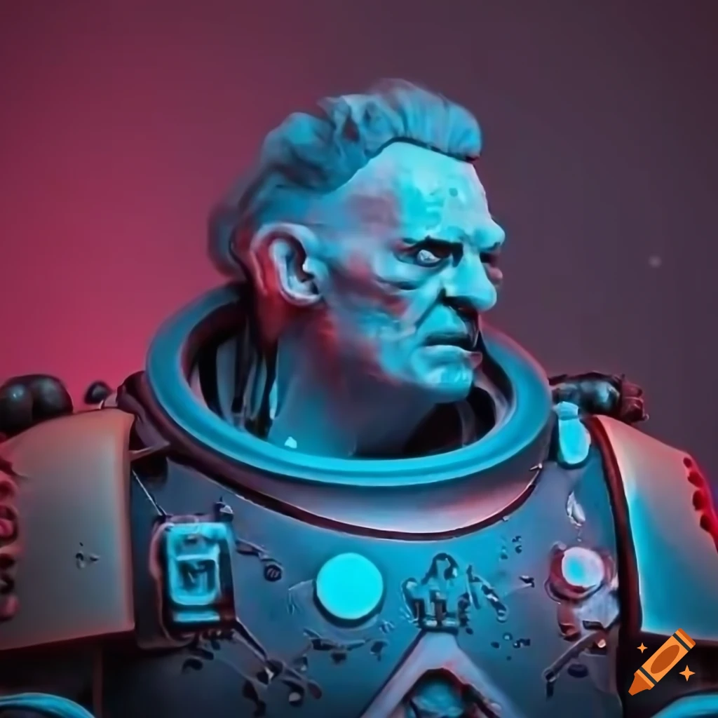 Old soldier in space, neon light, computer in background, warhammer ...