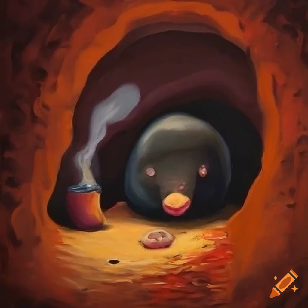 Acryllic painting of mole in a cozy earthen cave on Craiyon