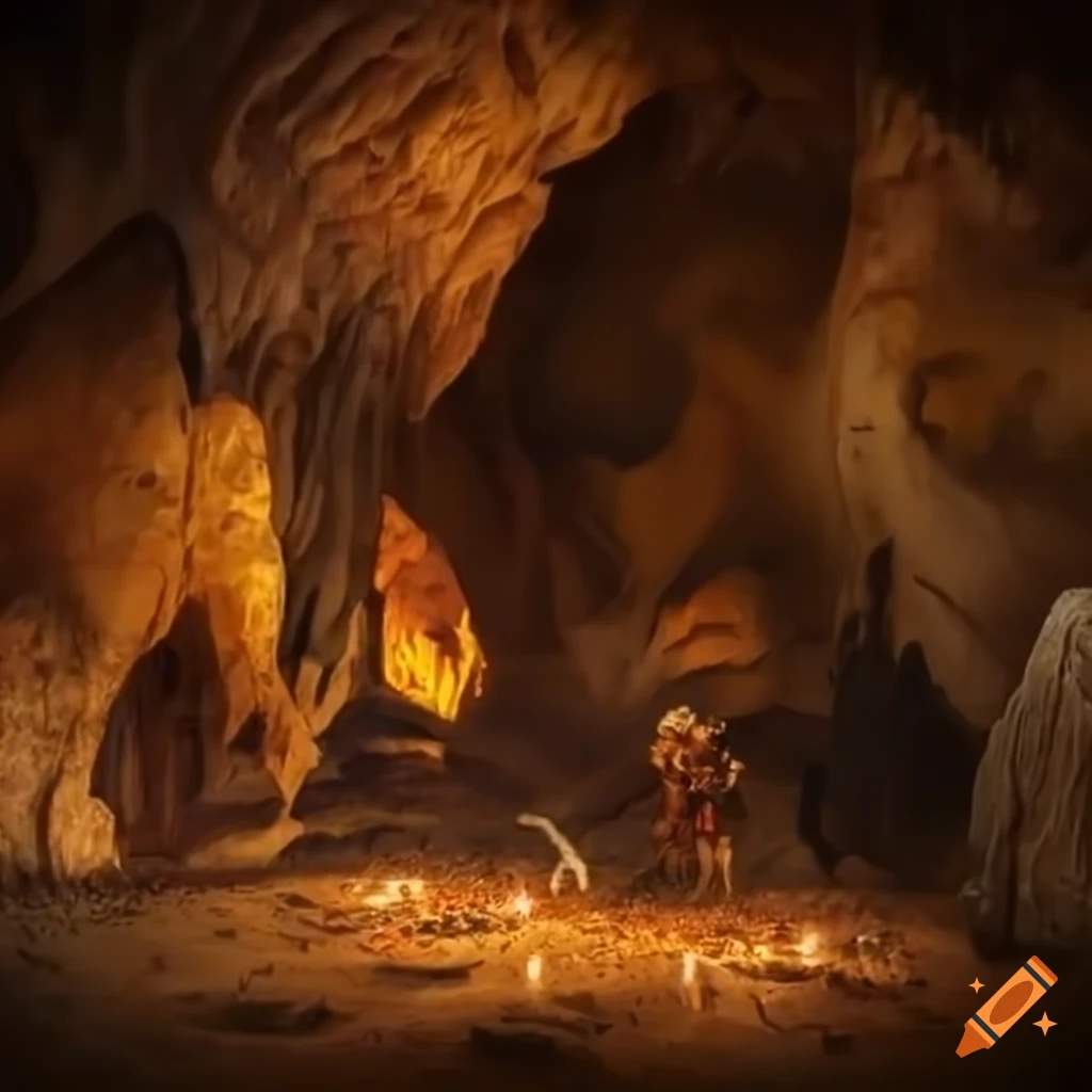 Cave painting dwarf forge hunting scene