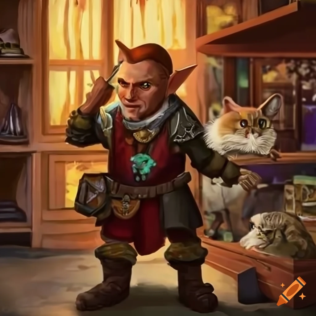Fantasy, male gnome artificer talking with a human sized cat merchant ...