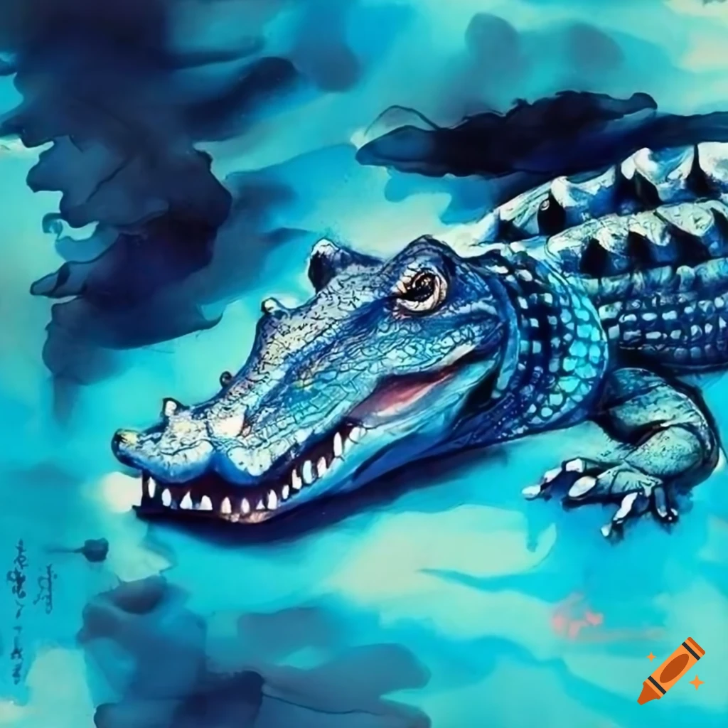 Blue crocodile in the style of japanese ink painting