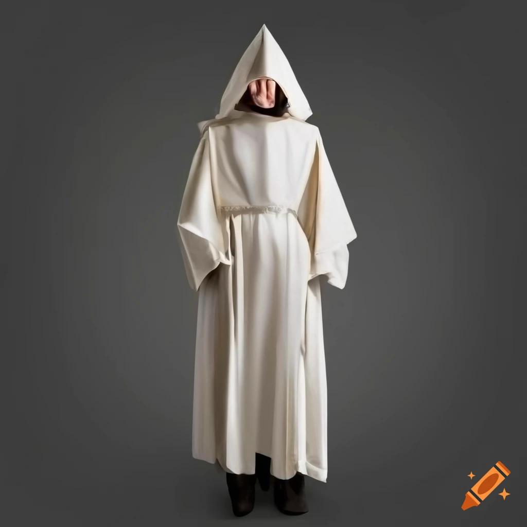 Medieval priest in white robes from a top down perspective against a ...