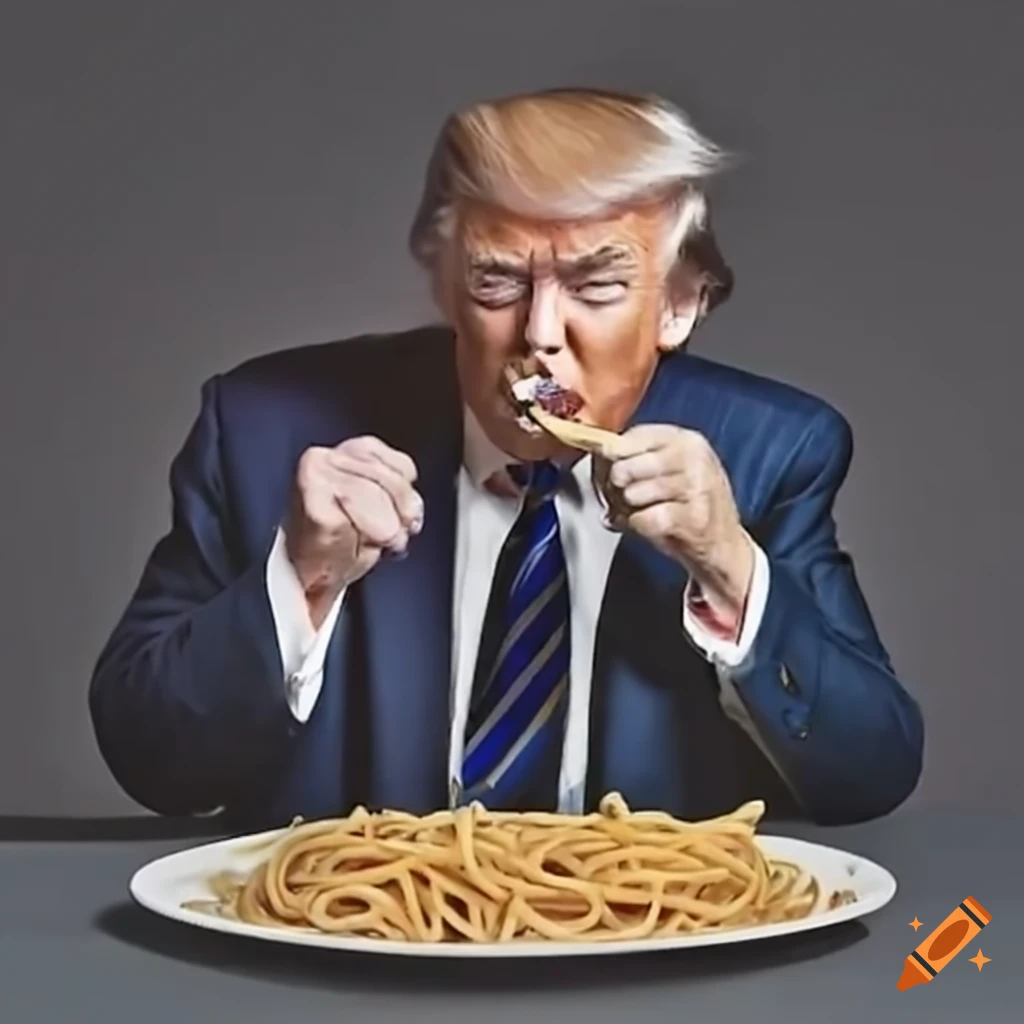 Happy donald trump eating spaghetti on Craiyon