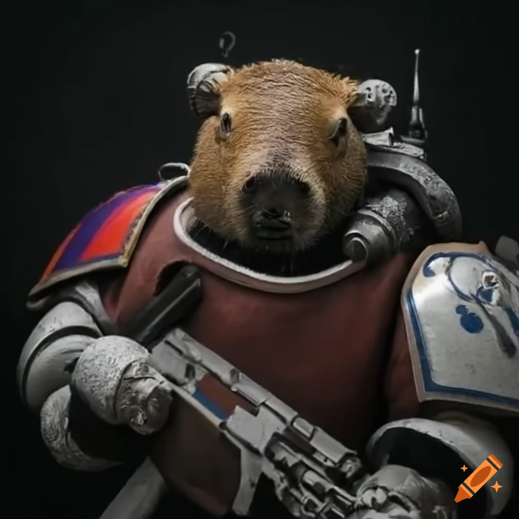 Capybara haciendo cosplay de marine espacial de warhammer 40000