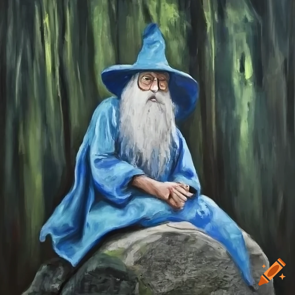 A very stereotypical solemn, lonely wizard wearing a blue robe and hat ...