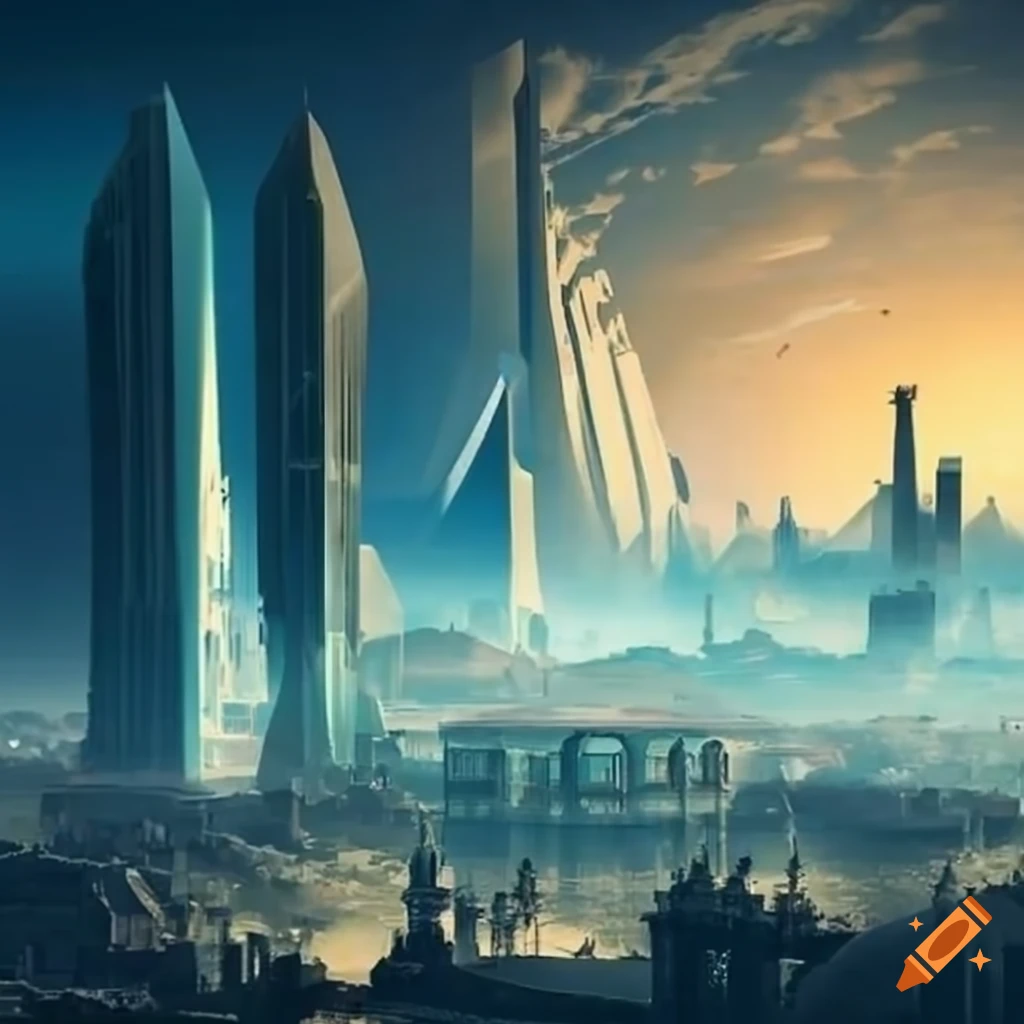 Visionary city with futuristic skyscrapers and ancient roman-inspired arena