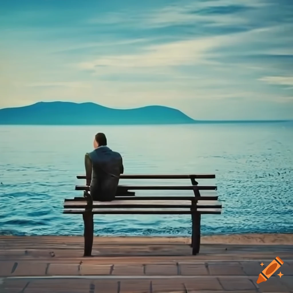A man with deep thoughts sitting on bench near sea shore on Craiyon