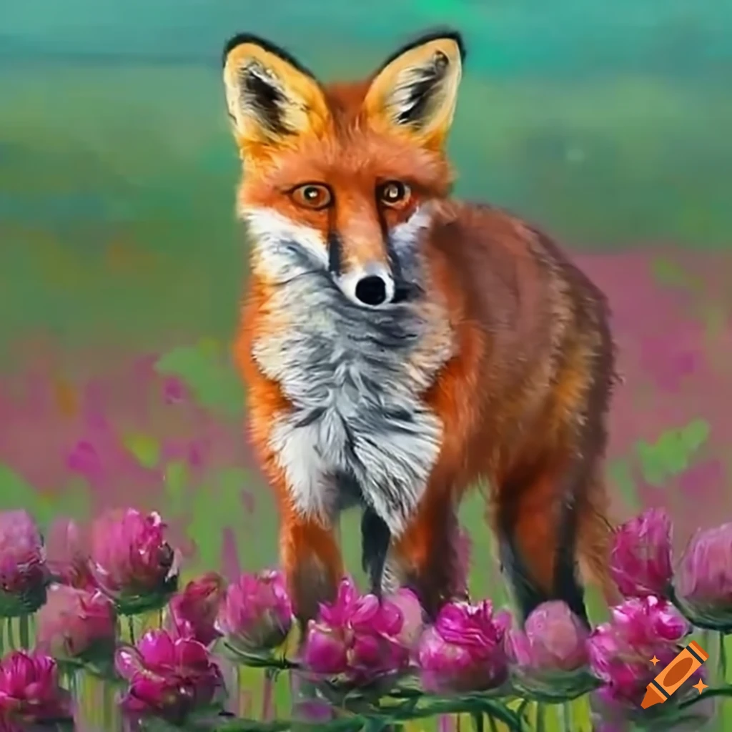 A vibrant red fox roaming through a field of blooming red clover on Craiyon