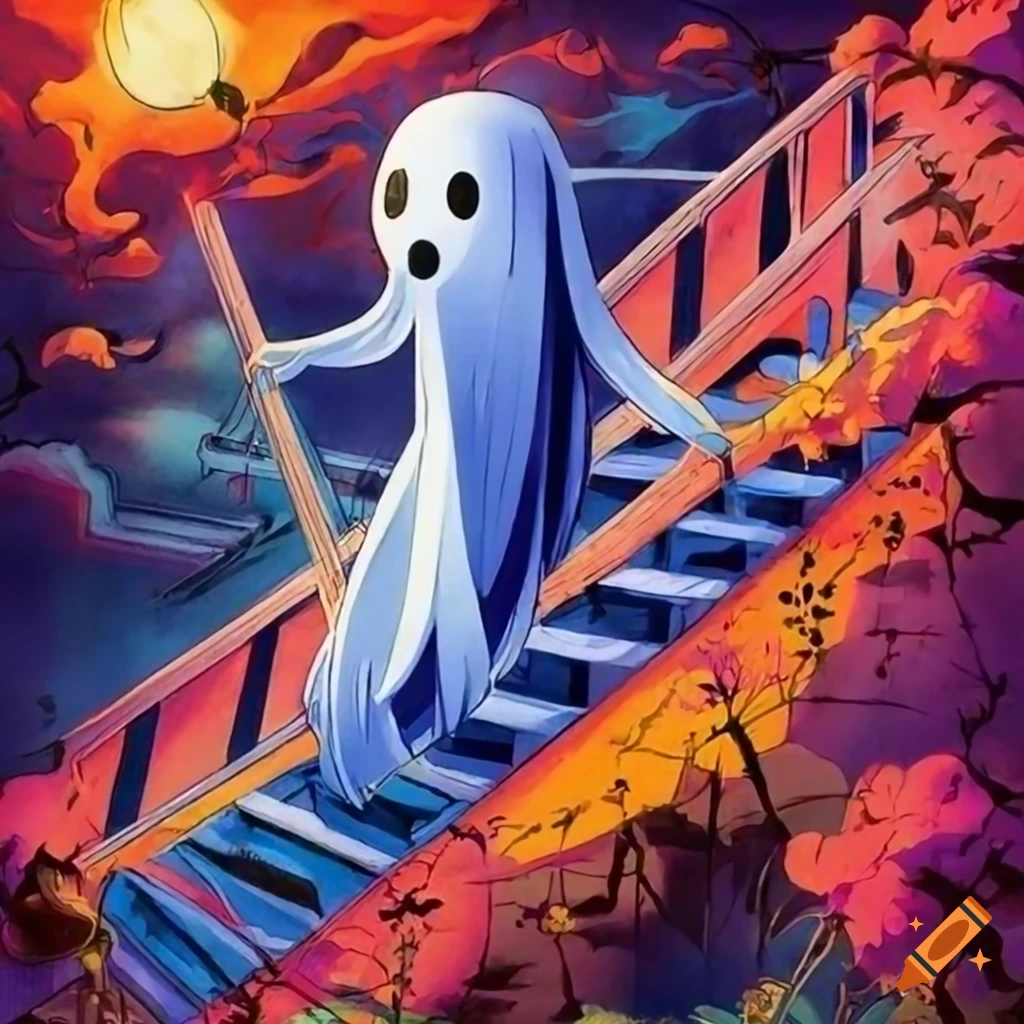 90s anime illustration of a ghost going up some stairs on Craiyon