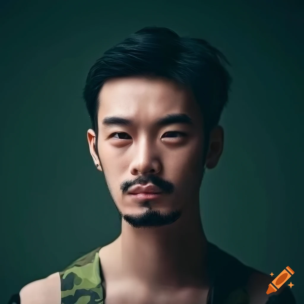 Photo portrait of young confident asian man beard in a camouflage beard ...