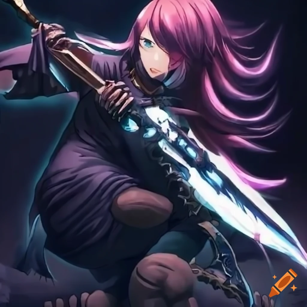 Anime character gripping a weapon with intensity