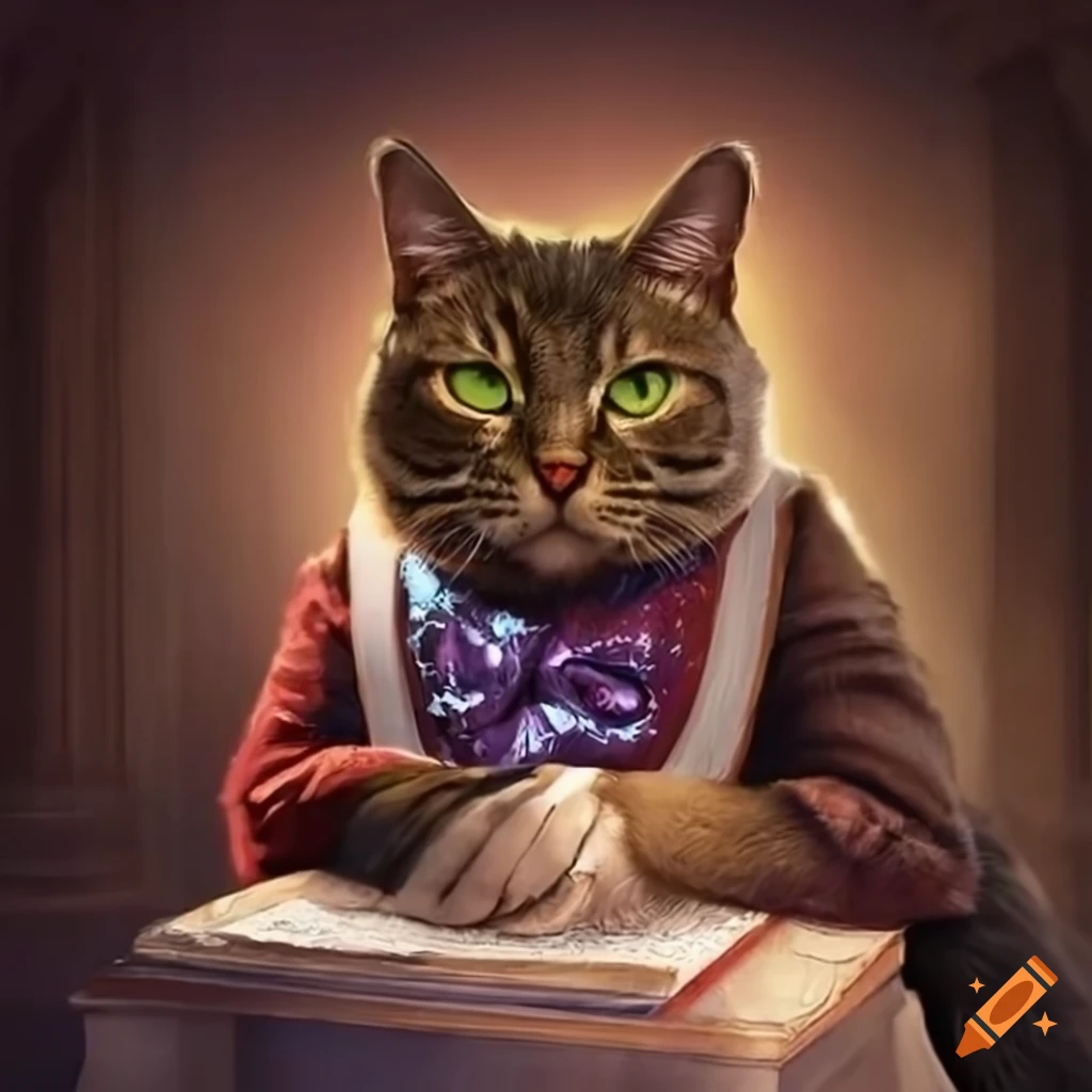 A fantasy cat merchant in his shop, wearing elegant clothing