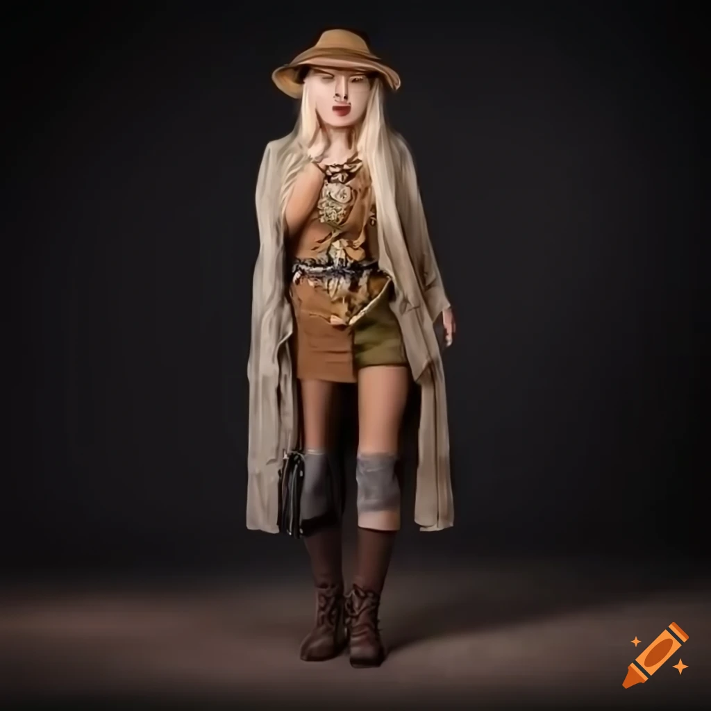 Adventurer lady, with blonde hair with long swirls, wearing backpack ...