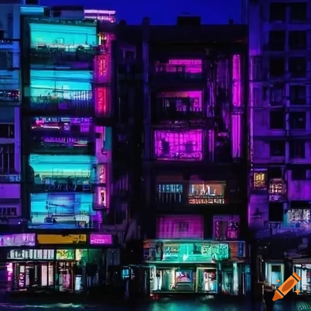 Facade of a cyberpunk hotel with a balcony, with a beautiful view of ...