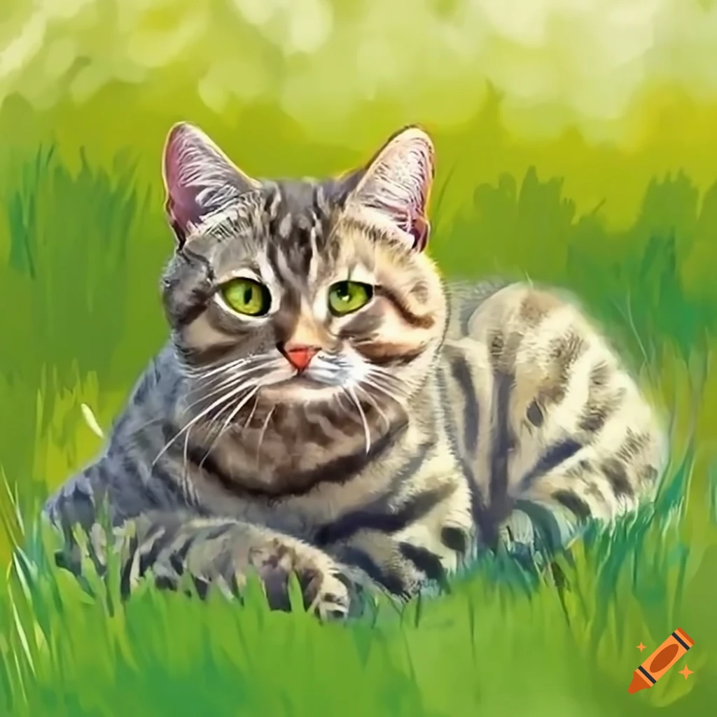 Make a drawing of a european shorthair cats lying in the grass