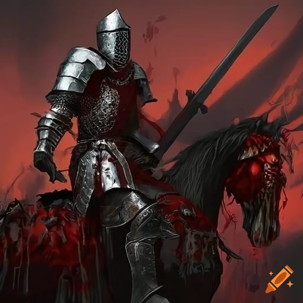 Immortal Bloody medieval dread knight, with a long sword, riding a ...