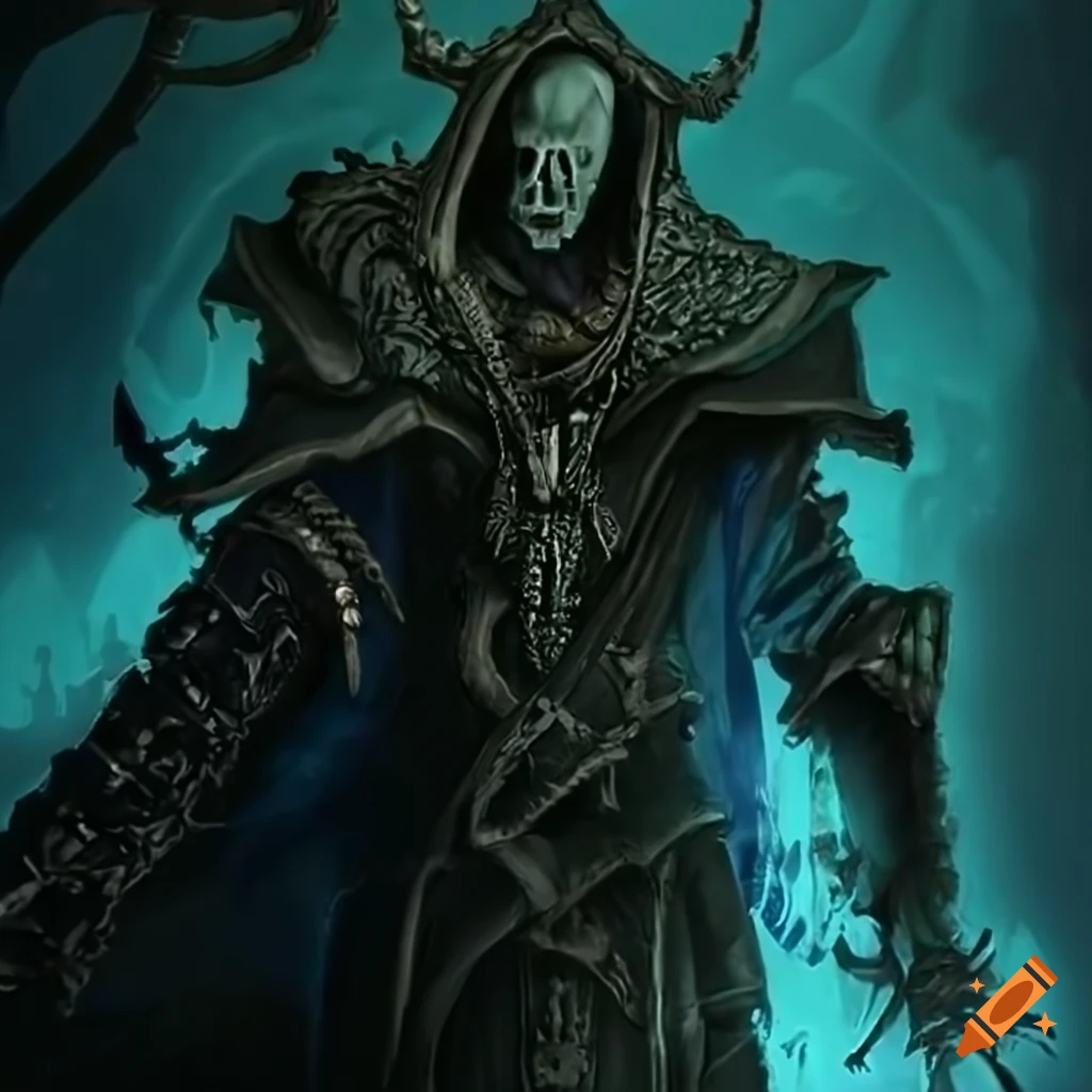 Around the neck of the lich, a dark medallion set with a black diamond ...