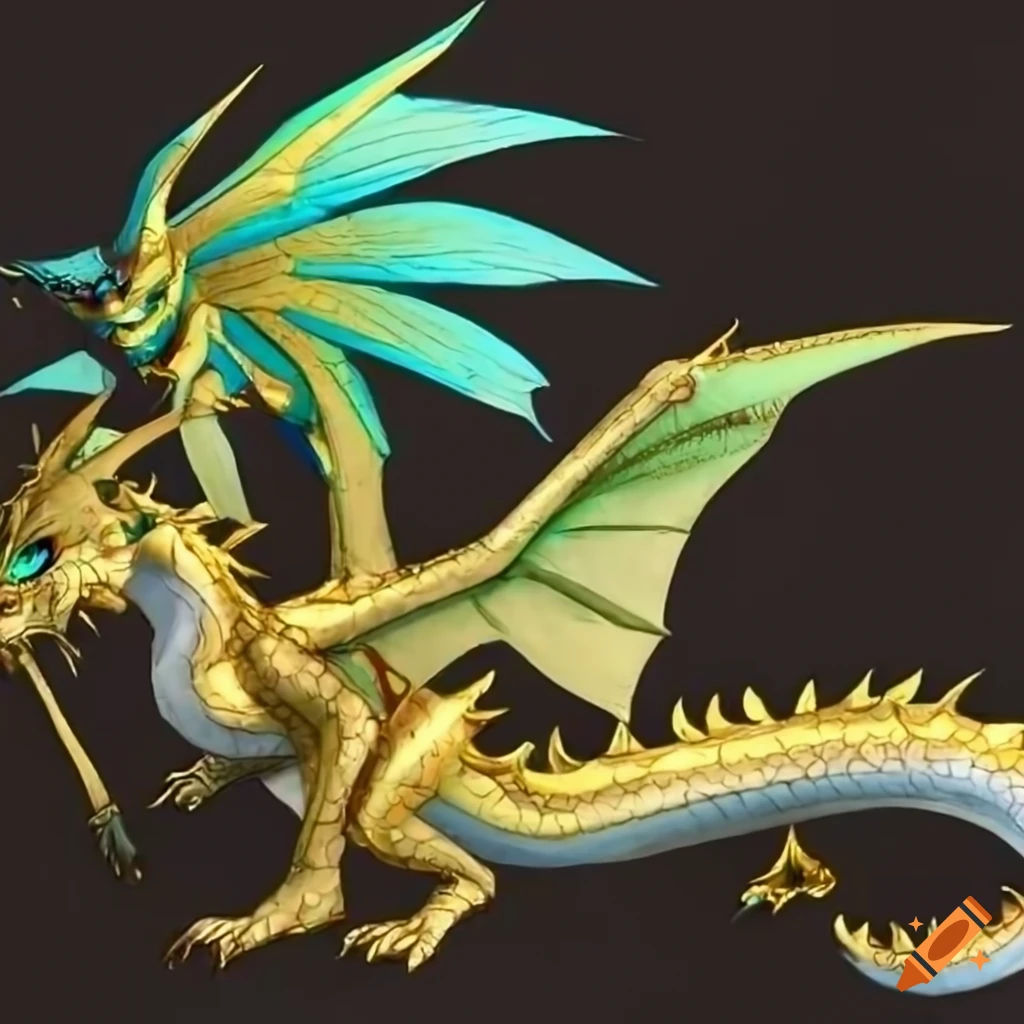 Gold anthro dragon with cyan wings and light-yellow colored underside ...