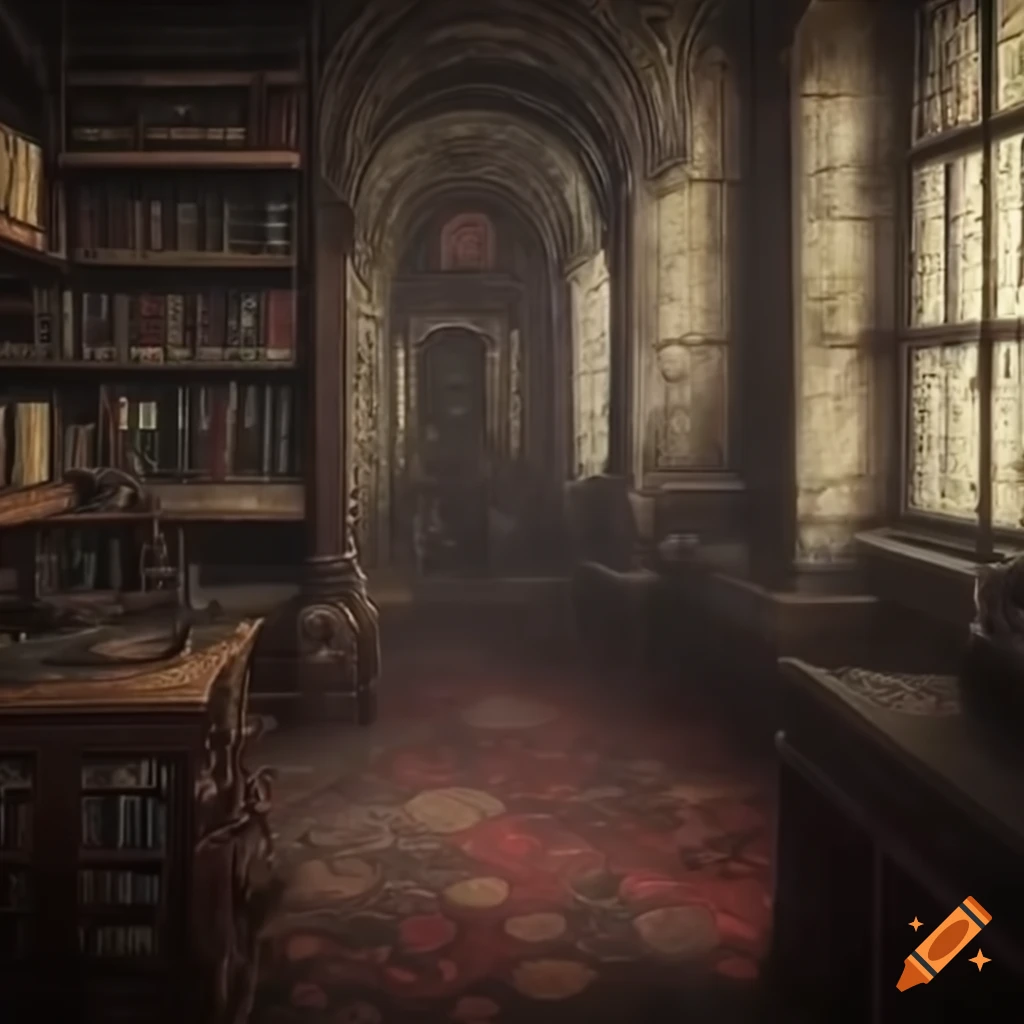 Eerie library room in a psychological horror game on Craiyon