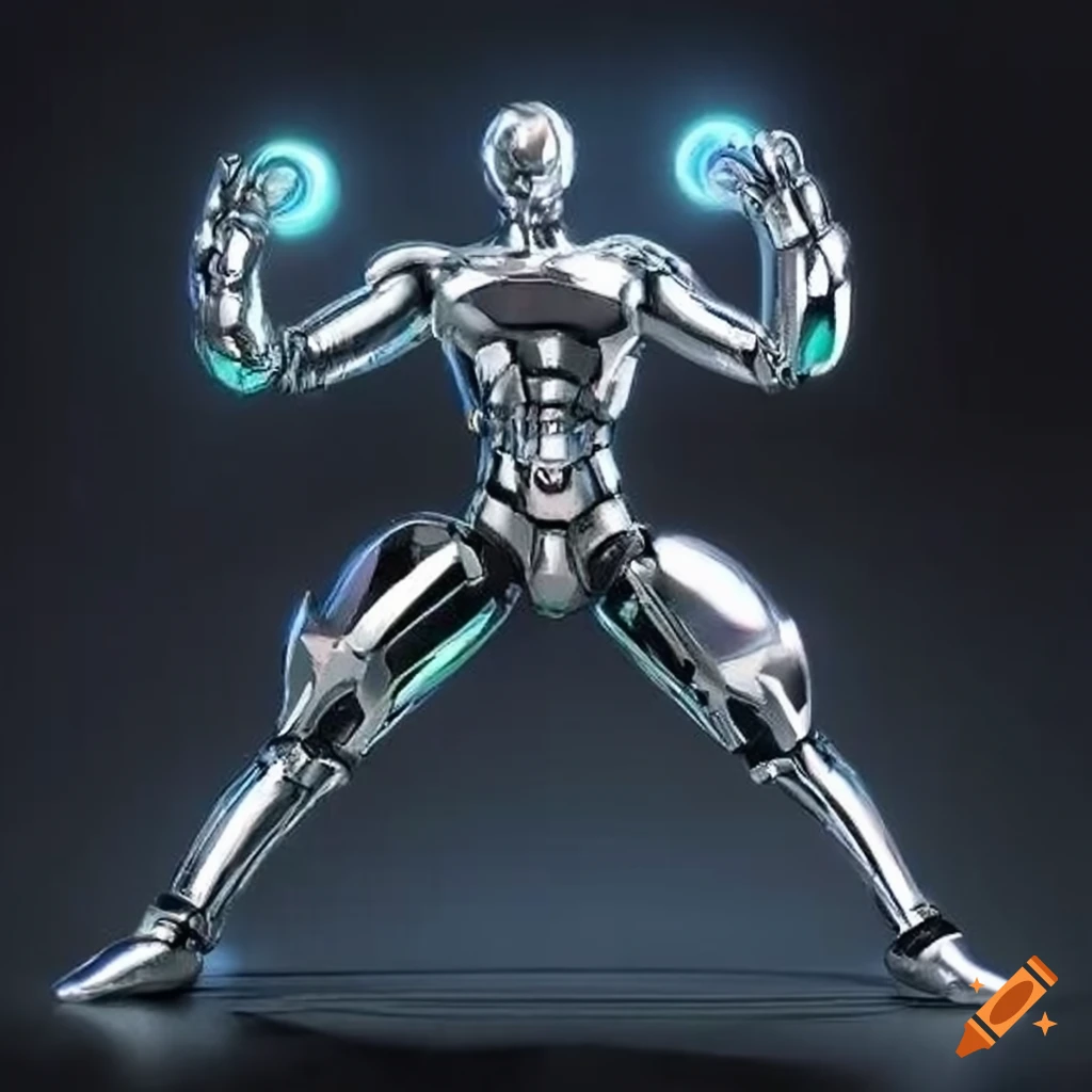 Shiny metallic chrome silver robot man with sphere head and glowing ...