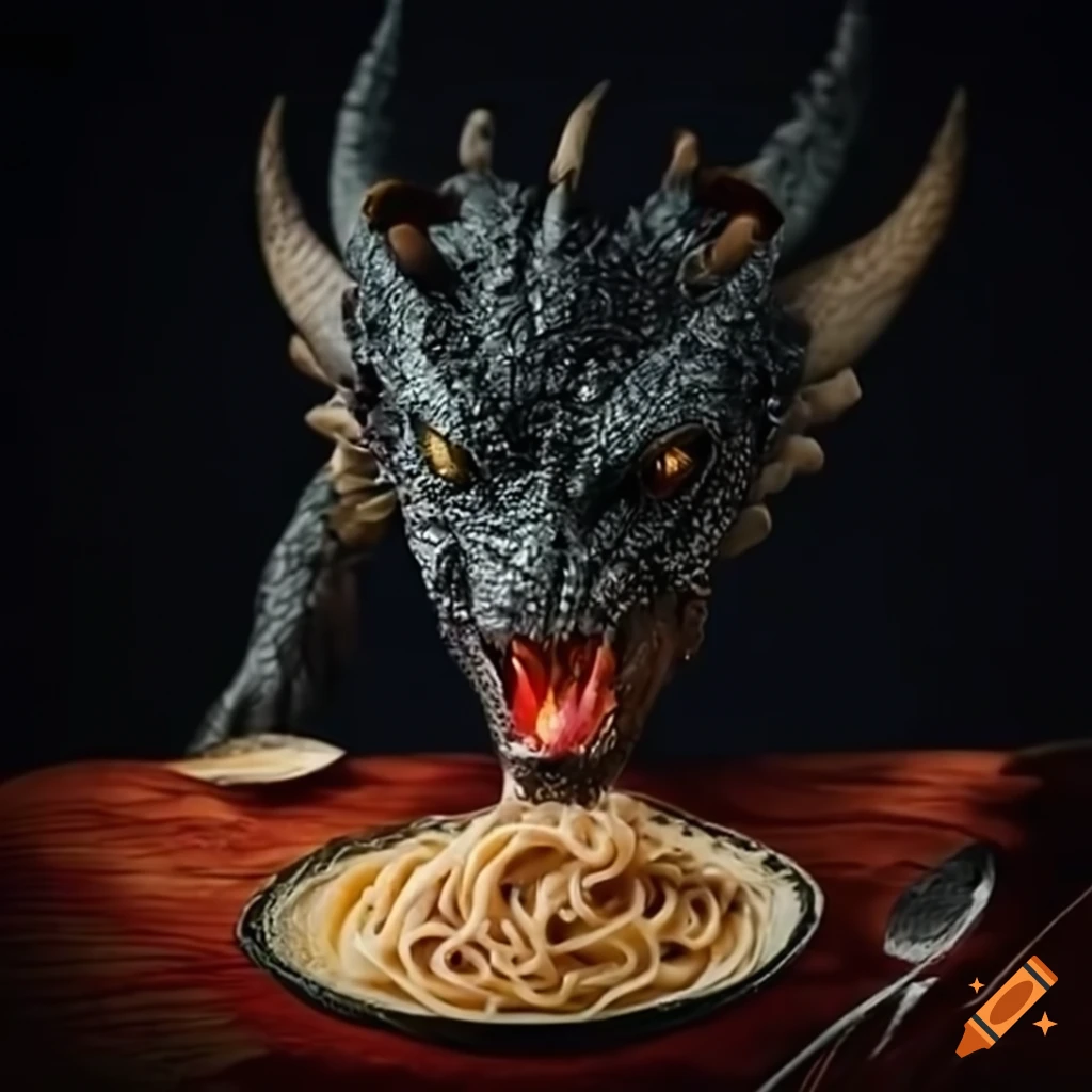 Realistic dragon eating pasta on Craiyon