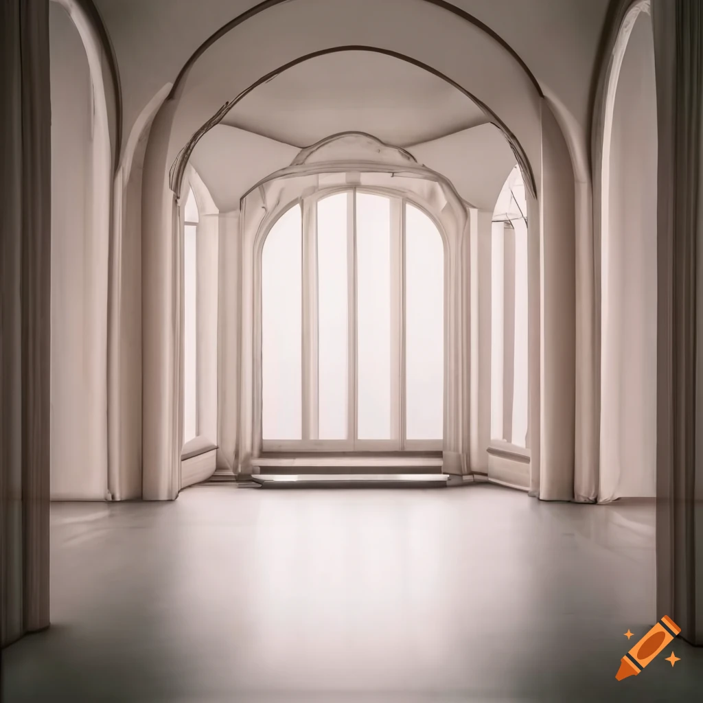 Abandoned curved white modern lobby with tattered pale pink curtains ...