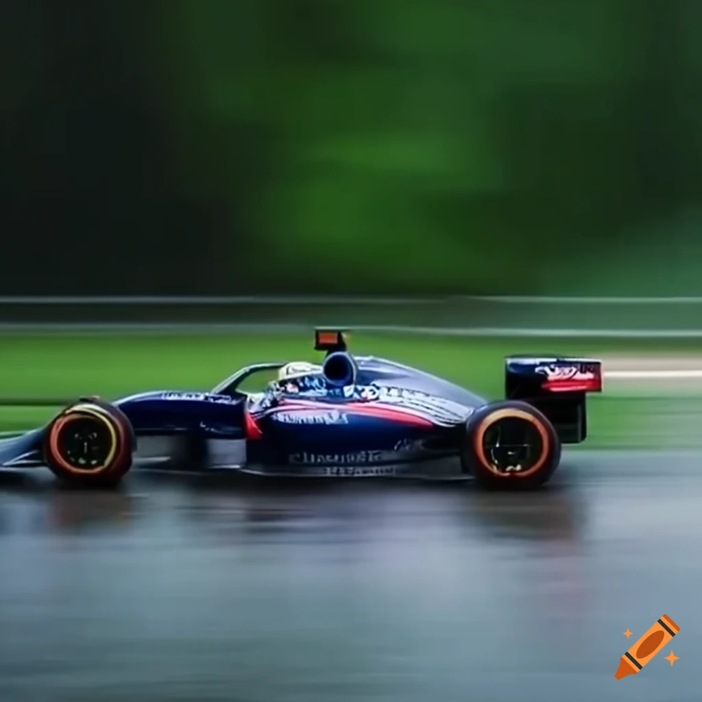 Formula 1 racing car speeding through wet track on Craiyon