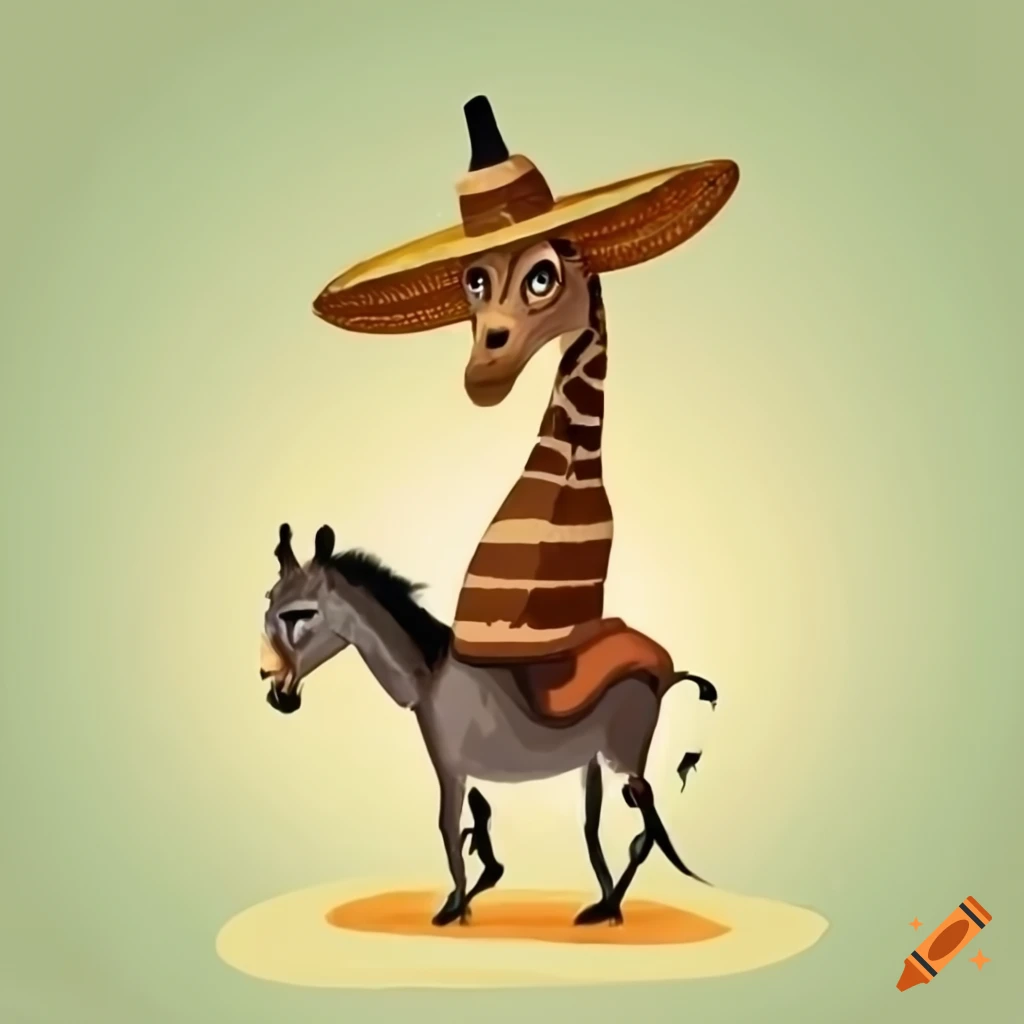 Giraffe wearing sombrero riding a donkey on Craiyon