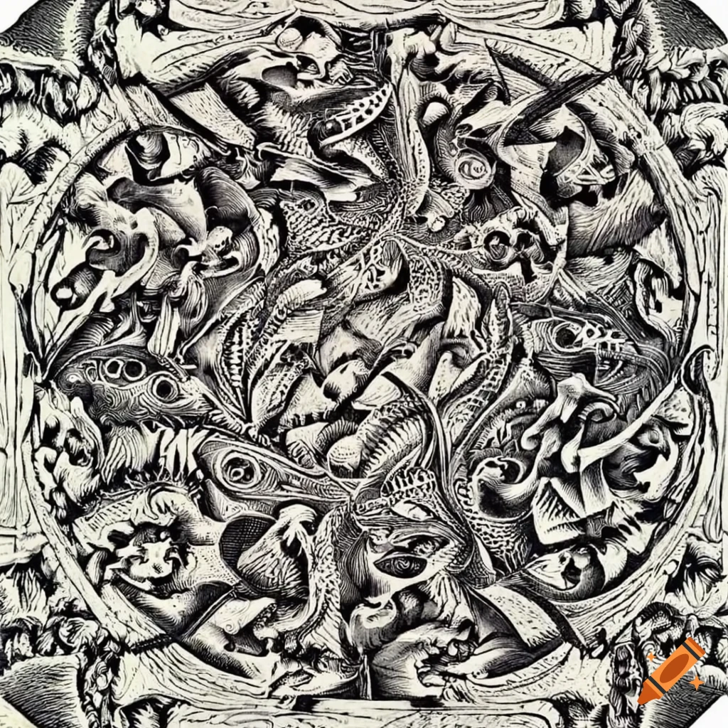 Intricate woodcut art by m. c. escher with stunning textures and ...