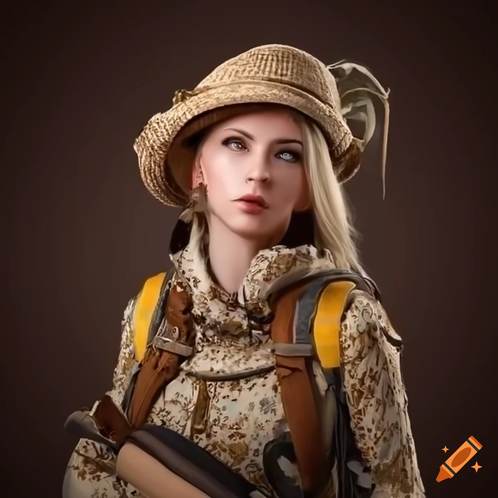 Adventurer lady, with swirly blonde hair, wearing backpack, with small ...