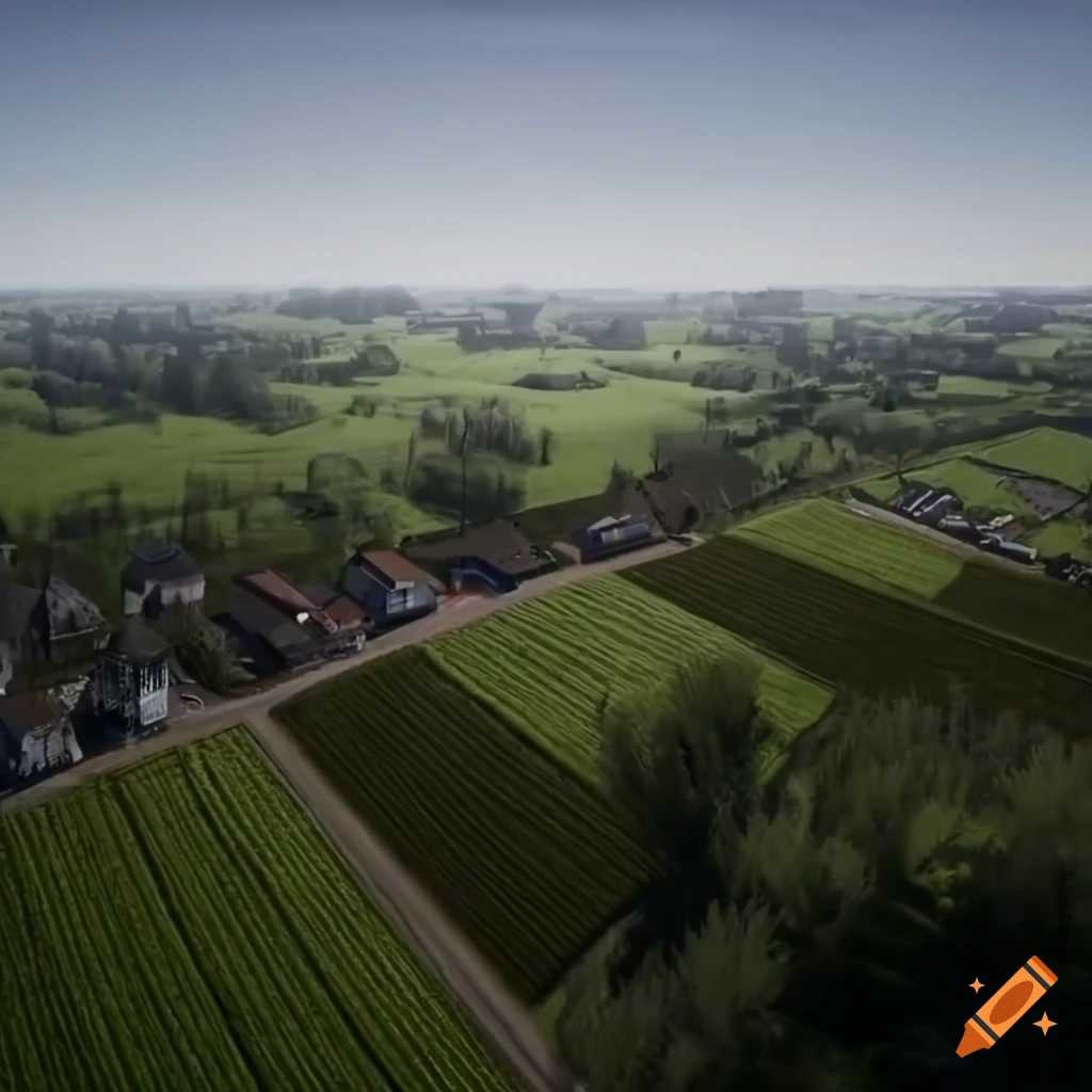 Unreal engine 5 aerial view of sci-fi saxony with farm fields, trees ...